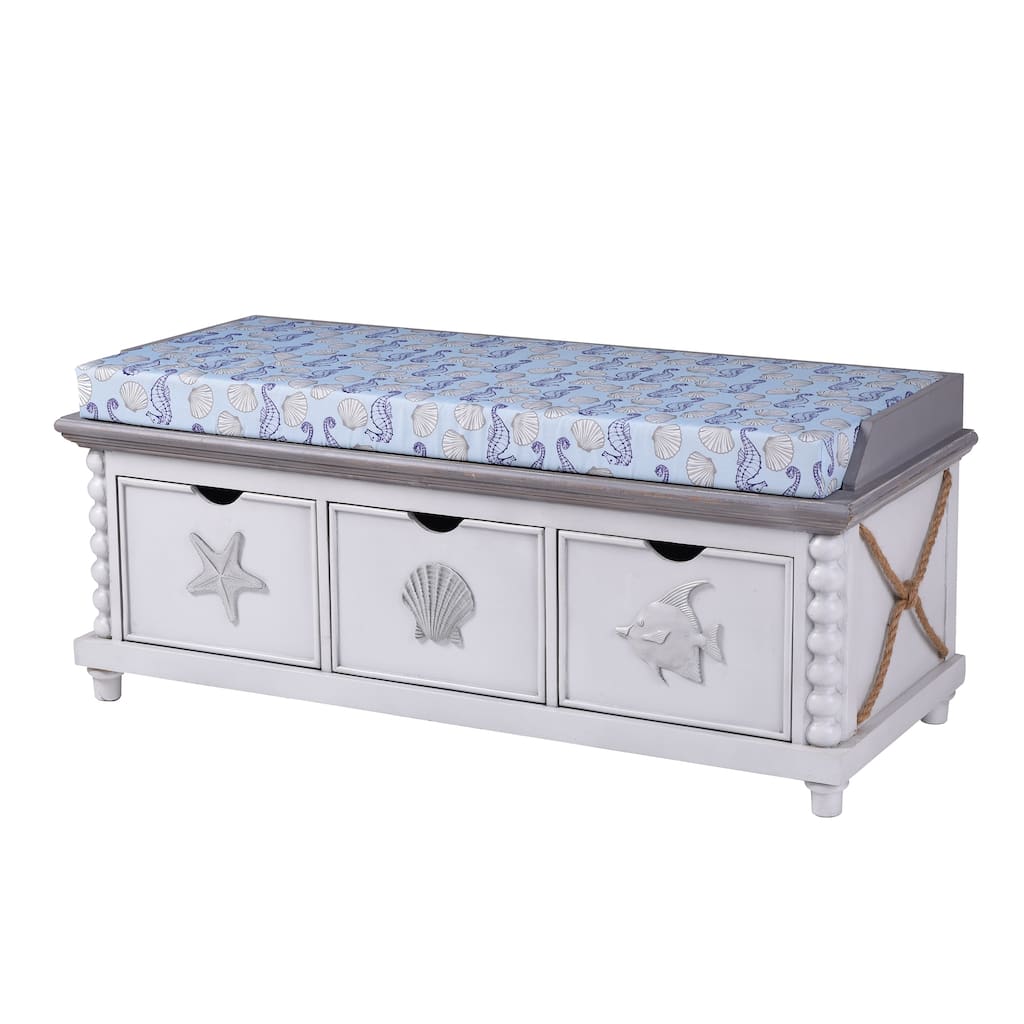 Porch & Den Seavey White and Blue Ocean Motif 3-drawer Storage Bench ...