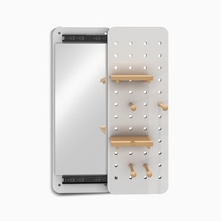 Moasis Sliding Hidden Wall Mirror with 3 Solid Wood Shelves and 6 Hooks ...