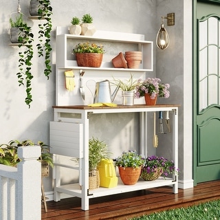 65inch White Garden Wood Workstation Backyard Potting Bench Table - Bed ...