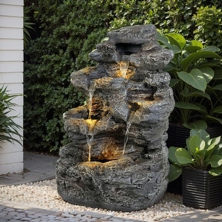 5-Tiered Concrete Tall Slim Fountain, 23.85"H -LED-Lit Column, Space ...