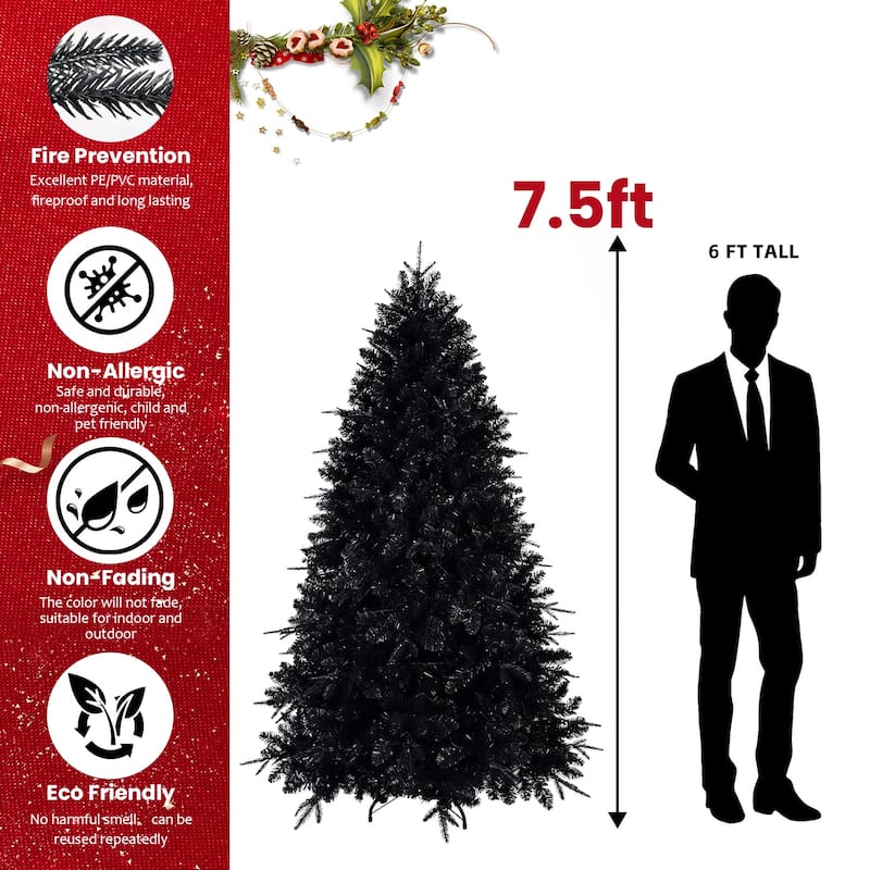 Pre-Lit Black Artificial Tree - White LED Lights, PE+PVC Branches ...