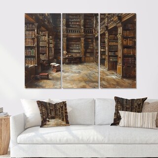 Designart "Brown beige vintage Library books II" Libraries Canvas Set ...