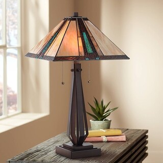 Bronze Finish Pull Chain Table Lamp with Art Glass Shade - 24" x 15 ...