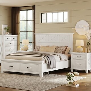 3 Pieces Rustic Farmhouse Style Bedroom Sets With Queen Bed With 2 ...