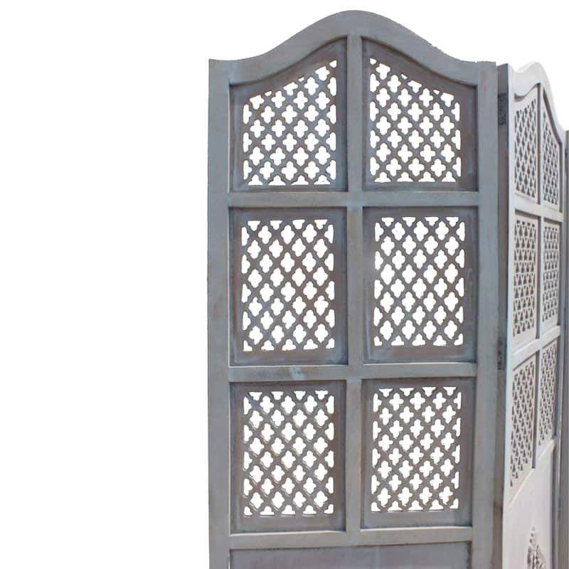 Three Panel Wooden Room Divider with Traditional Carvings and Cutouts ...