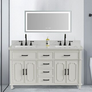 60 inch Wood Vanity Cabinet with 2 Marble Sink & Drawers in white - Bed ...