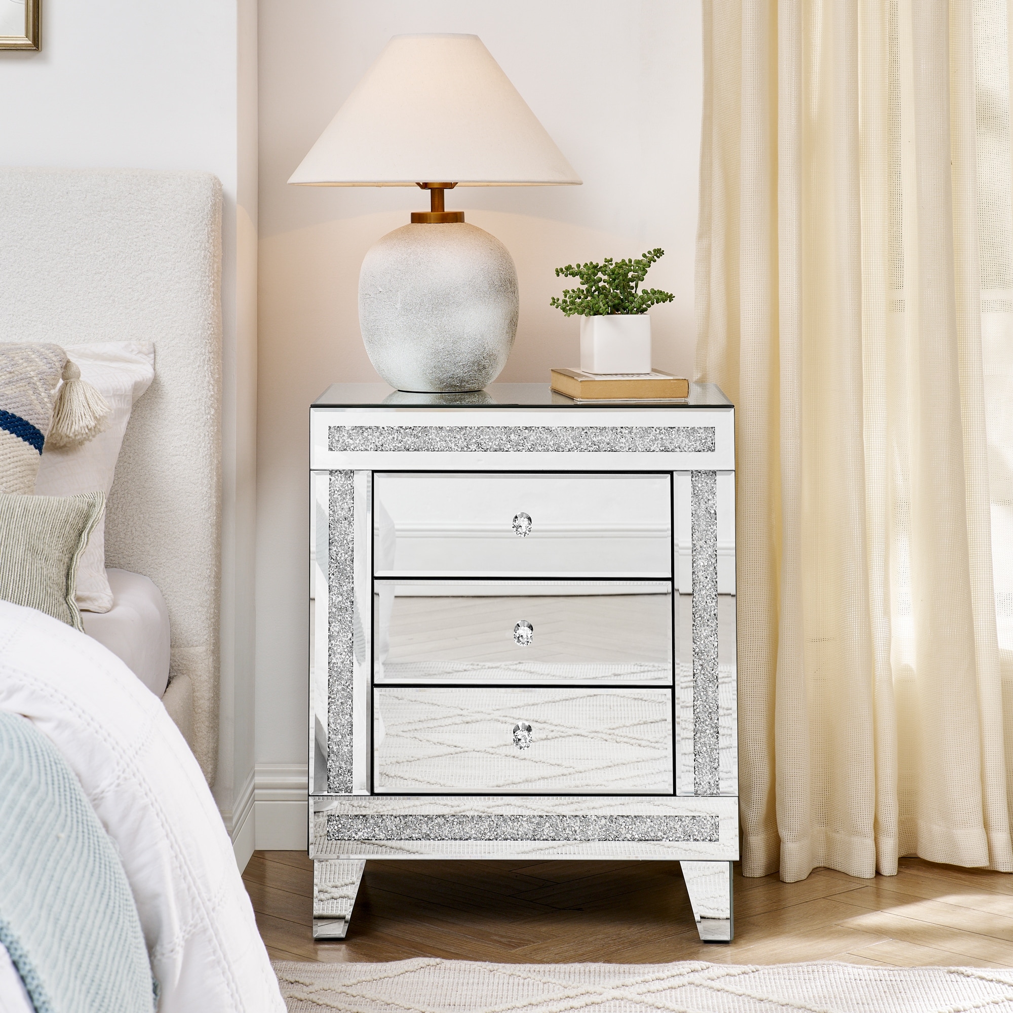 Mirrored Bedside Table 3 Drawers Modern Multifunctional