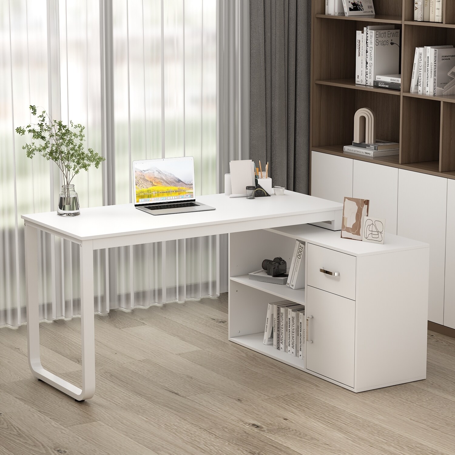 Timechee 55 inch L Shaped Office Computer Desk w Drawers Cabinet White On Sale Bed Bath Beyond 36112048