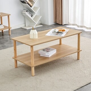Modern 2-Tier Coffee Table with Open Storage Shelf and Round Wood Legs ...