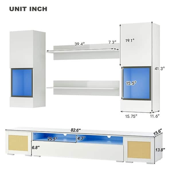 Wall Mounted Floating High Gloss 82 inch TV Stand with LED Lights - Bed ...