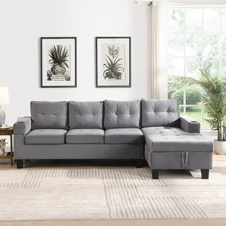 L-shape 4 Seat Couch Set Grey Fabric Sofa Set w/ Storage and Cupholder ...