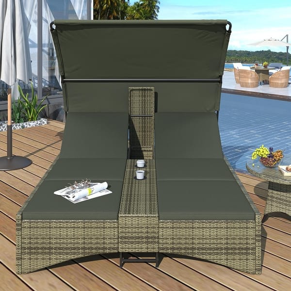Outdoor Patio Daybed Rattan Sunbed Lounger wShelter Roof, Adjustable ...