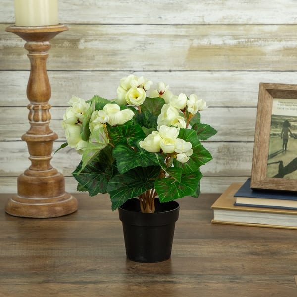 11" Cream Potted Silk Begonia Spring Artificial Floral Arrangement ...