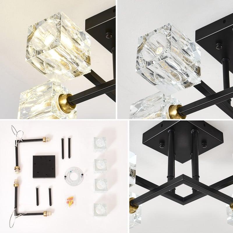 4-Light Modern Crystal Pendant Light, Black Flush Mount Low Profile ...
