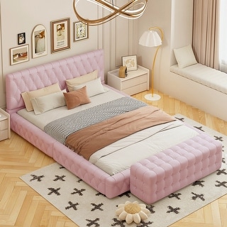 2-Pieces Bedroom Sets, Queen Bed Frame Pink Platform Bed with Ottoman ...