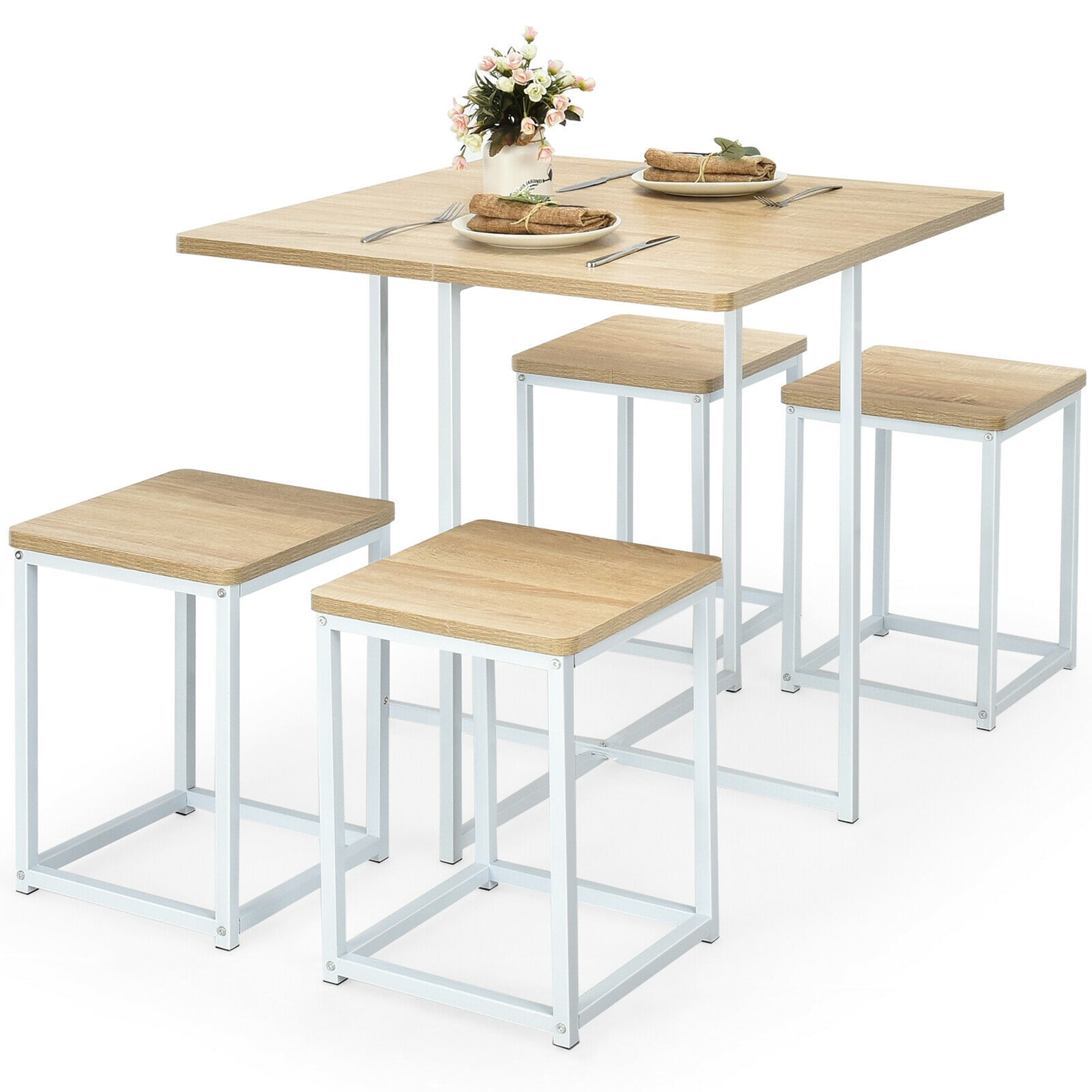 Costway 5pcs Dining Set Compact Dining Table and 4 Stools Metal Frame ...