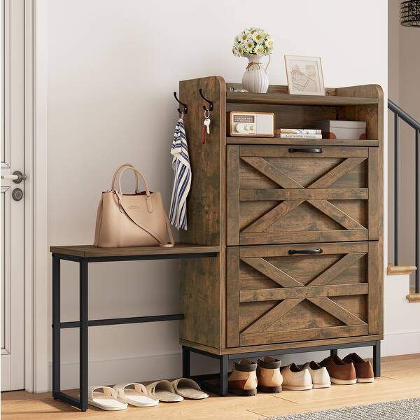 Moasis 16 Pairs Farmhouse Shoe Storage Cabinet with Bench - 31.5"L x9.4 ...