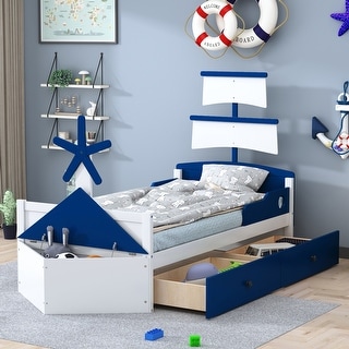 Ocean Theme Kids Platform Bed Boat-Shaped Bed with Headboard ...