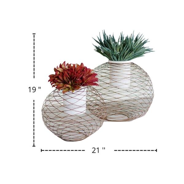 Set of 2 Copper Finish Wire Ball Planters With White Wash Pots - Bed ...