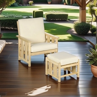 Wood Outdoor Patio Chair with Ottoman, 2 Piece Cushioned Lounge Chair ...