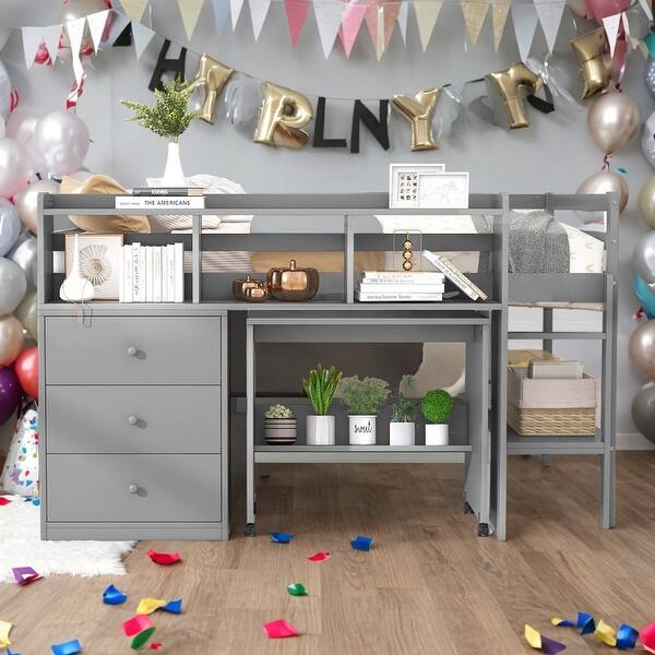 Solid Wood Full Size Kids Bed with Rolling Portable Desk Drawers and ...