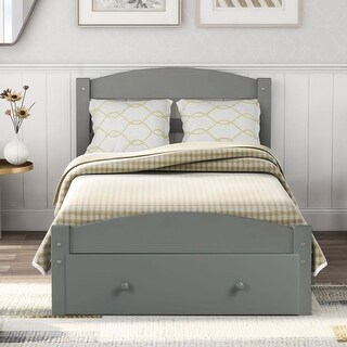 Grey Twin Size Platform Bed Frame with Storage Drawer and Wood Slat ...