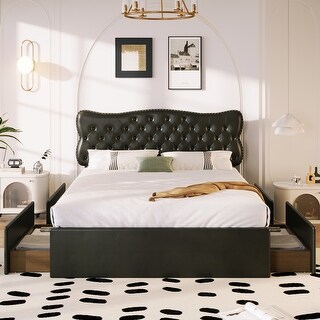 Classic Faux Leather Bed Frame Storage Platform Bed-Queen, Black - Bed ...
