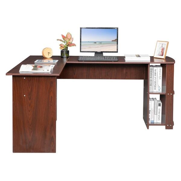 L-Shaped Wood Right-angle Computer Desk with 2-layer Bookshelves - Bed ...