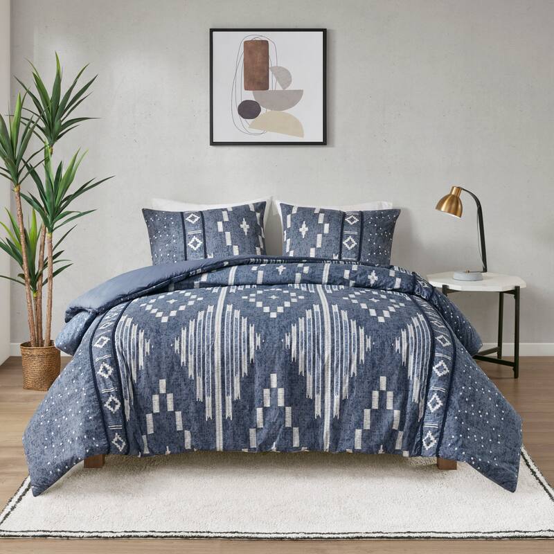 INK+IVY Inari Indigo Blue Cotton Printed Comforter Set With Trims ...