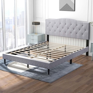 Modern Queen Size Upholstered Platform Bed Linen Bed Frame w/Headboard ...
