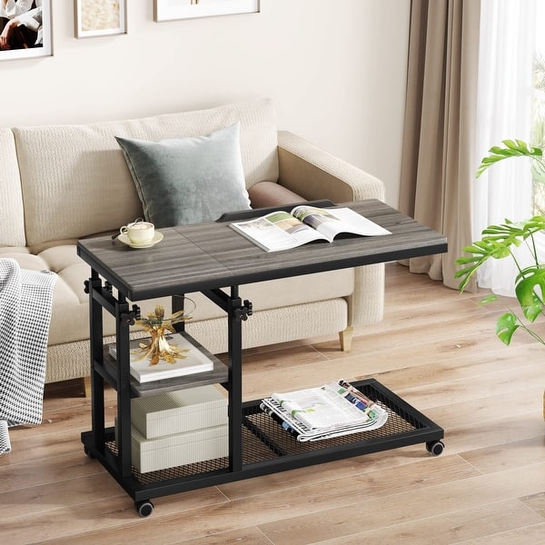 Height Adjustable C Side Table with Wheels, Sofa Bedside Laptop Desk ...
