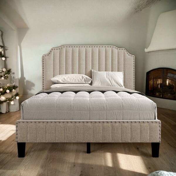 Full Size Modern Linen Curved Upholstered Platform Bed Bed Bath