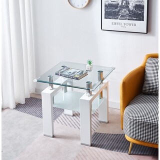 Tempered Glass Top Square 2-Layer End Table, Side Table with MDF Legs ...