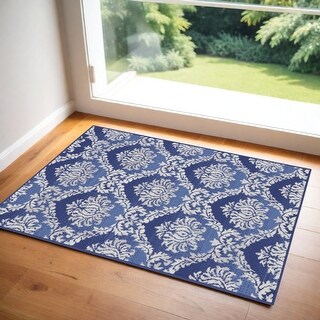 HomeRoots 3' X 5' Blue and Ivory Damask Distressed Area Rug - 60' X '36 ...
