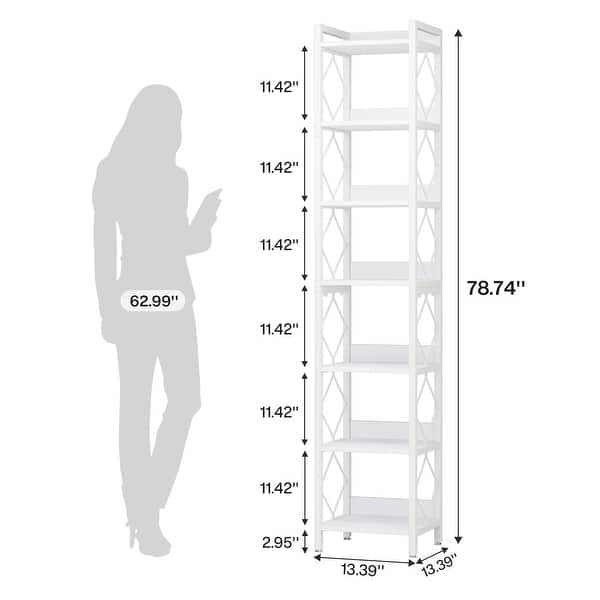 78.7" White Bookshelf, 7 Tier Tall Skinny Bookcase Freestanding Narrow ...