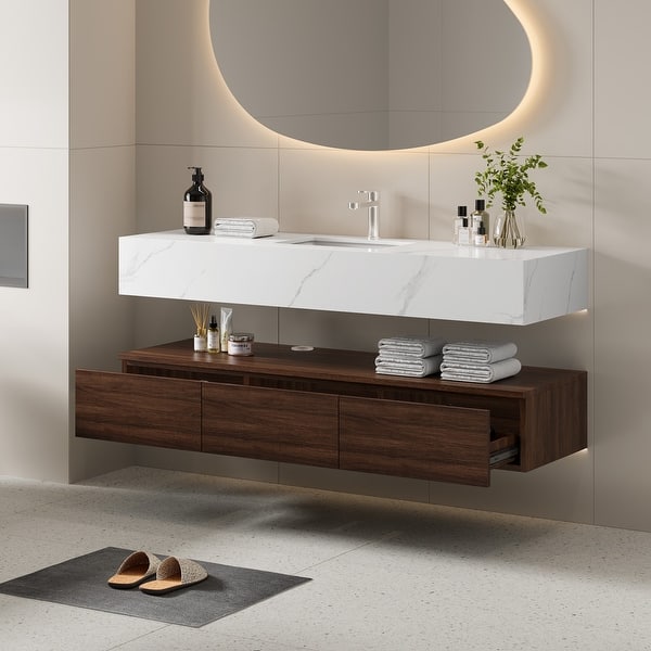 Moasis 60" Floating Wall Mounted Bathroom Vanity with Sintered Stone ...