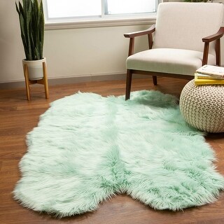 Fluffy Faux Sheepskin Shag Silky Mat Shaped Quarto 4' x 6' Mint Green ...