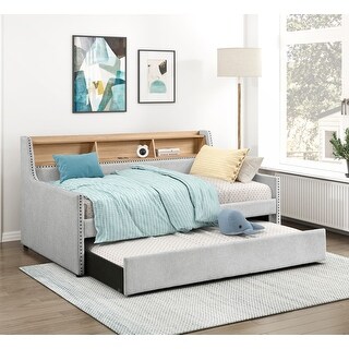 1pc Light Gray Daybed with Pull-Out Trundle Bookcase Side Panel ...