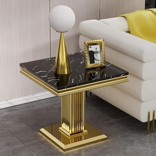 Modern Faux Marble End Table with Mirrored Gold Column and Stainless ...
