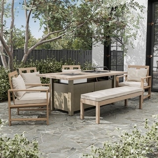 Gordon 6-Piece Outdoor Patio Firepit Dining Set with Bench & Cushions ...