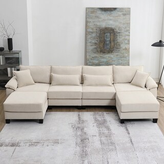 Corduroy U-shape Sectional Sofa Set 6 Seater Modular Couch Set with 4 ...