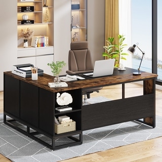 Large Executive Desk with File Cabinet, L Shaped Computer Desk Storage ...