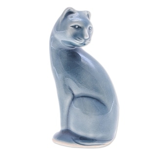 Novica Handmade Beautiful Cat In Blue Celadon Ceramic Figurine - Bed ...