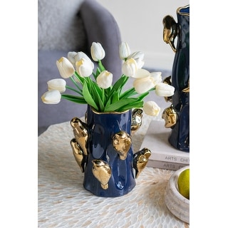 8.7x8.7x9.5" Blue Ceramic Tree Branch Vase with Gold Bird Accents - Bed ...