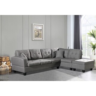 Grey Right Cozy L-Shape Sectional Sofa Set with Storage Ottoman and Cup Holder, 2 Throw Pillows ...