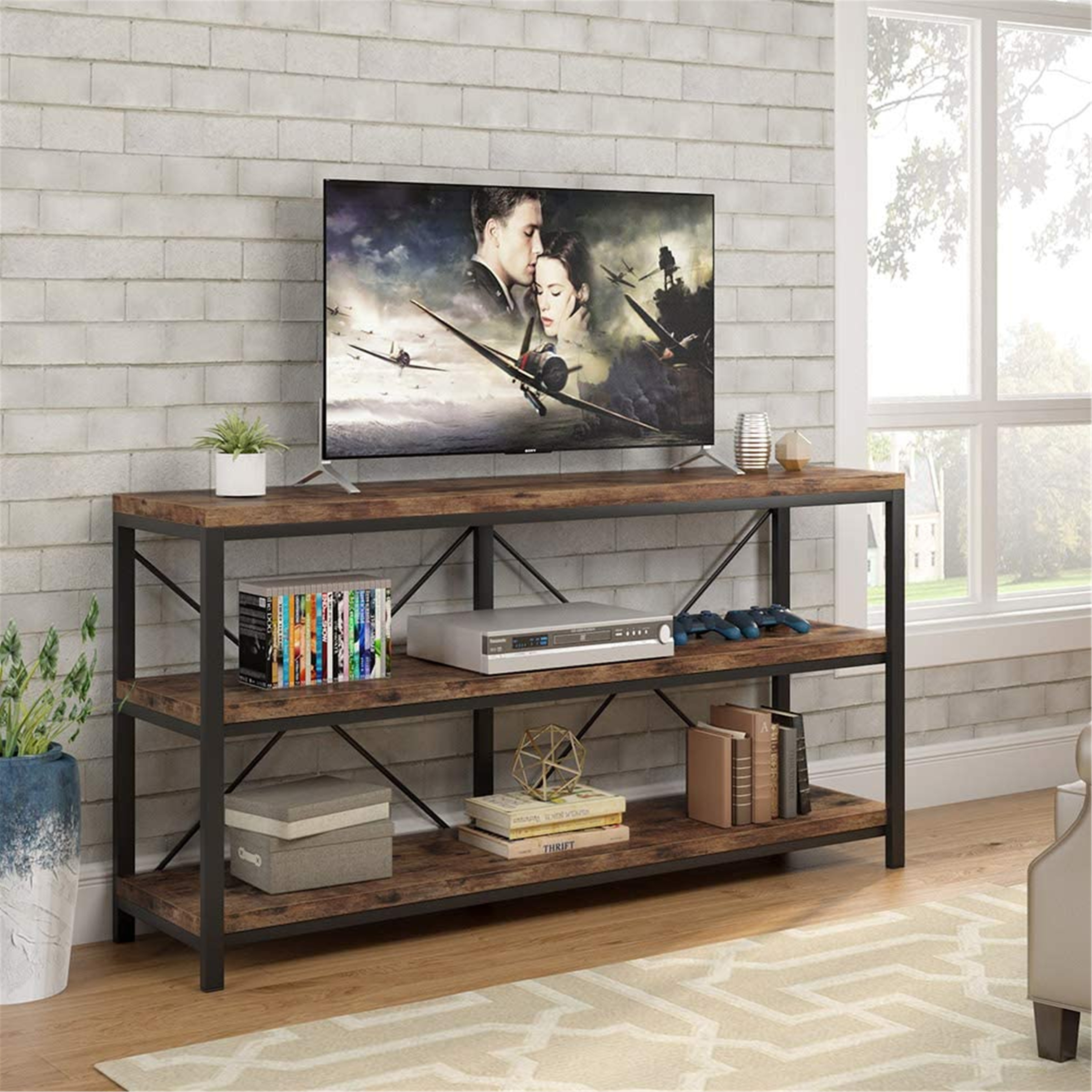 BYBLIGHT Turrella White Rectangle Wood Console Table Extra Long TV ...
