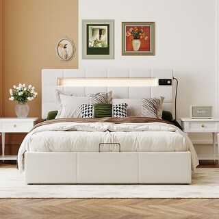 Full Velvet Upholstered Bed w/Bluetooth Audio System, USB & LED, Beige ...