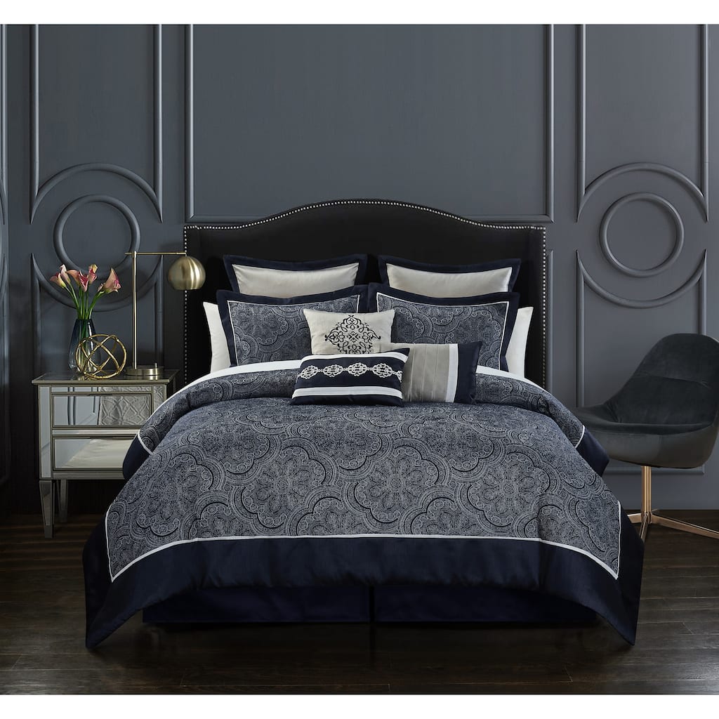 Chic Home Merielle 9 Piece Jacquard Solid Border Comforter Set, Navy ...