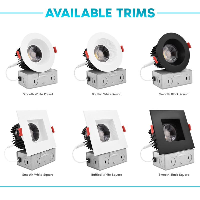 Luxrite 4" Square LED Recessed Light J-Box 15W 5 Color Options 1100 ...