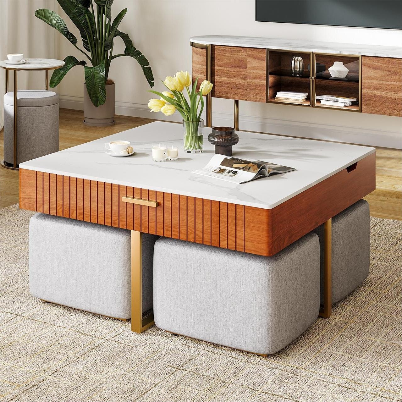 Table with ottomans underneath store
